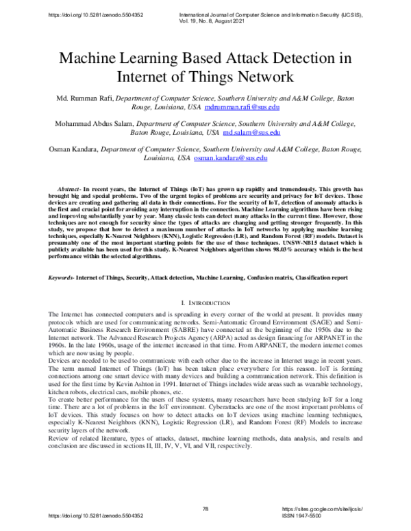 Pdf Machine Learning Based Attack Detection In Internet Of Things Network