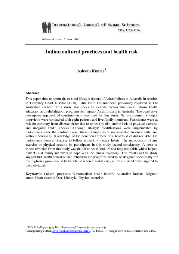 (PDF) Indian cultural practices and health risk