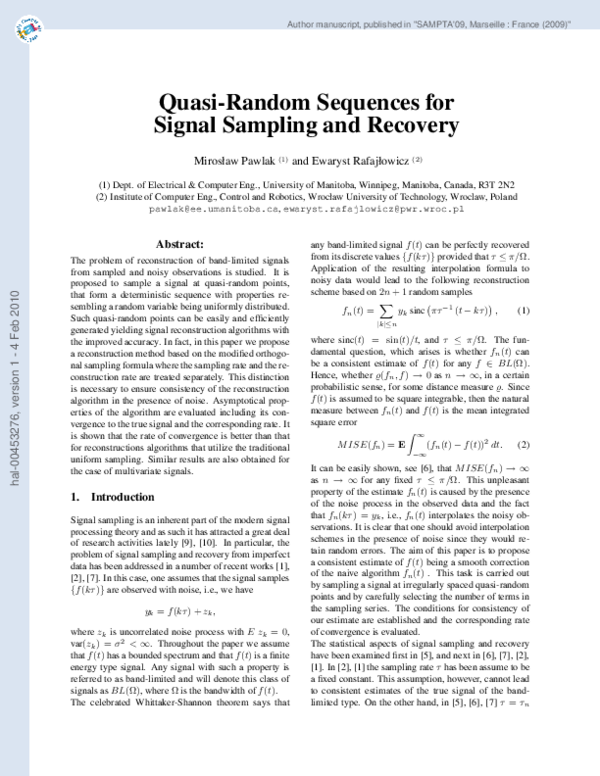 (PDF) Quasi-Random Sequences for Signal Sampling and Recovery