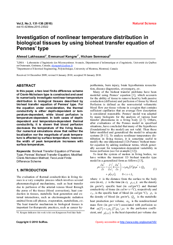 (PDF) Investigation of nonlinear temperature distribution in biological tissues by using bioheat ...