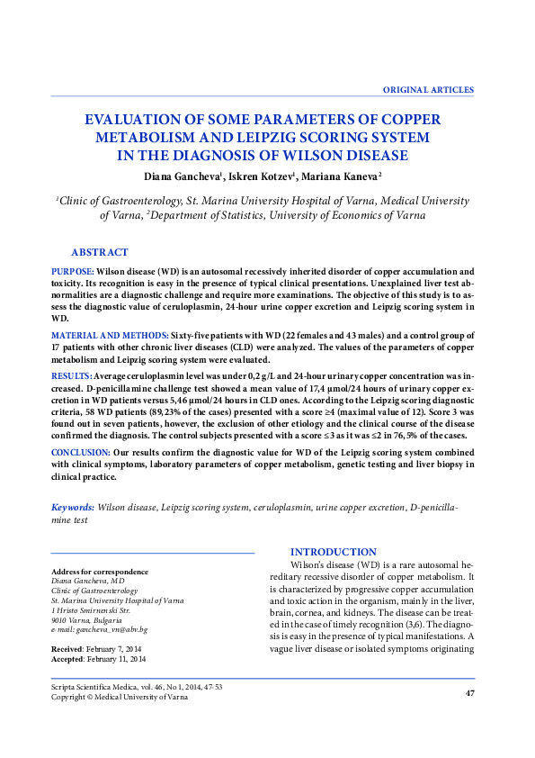 (PDF) Evaluation of some parameters of copper metabolism and leipzig ...