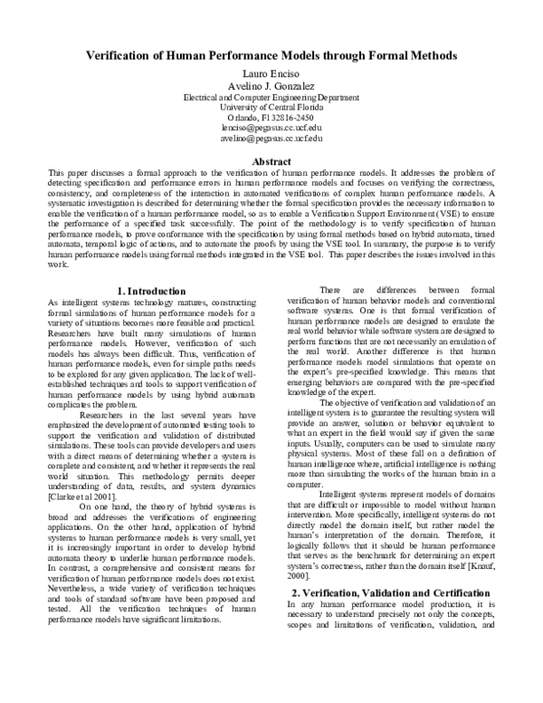 (PDF) Verification of Human Performance Models through Formal Methods