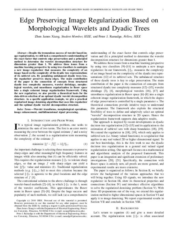 (PDF) Edge-Preserving Image Regularization Based on Morphological Wavelets and Dyadic Trees