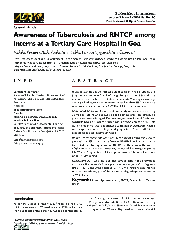 (PDF) Awareness of Tuberculosis and RNTCP among Interns at a Tertiary ...