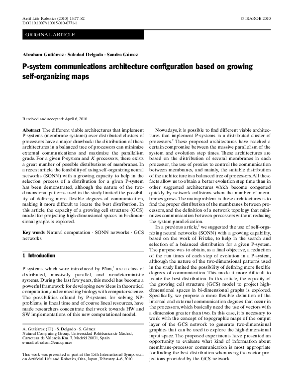 (PDF) P-system communications architecture configuration based on growing self-organizing maps