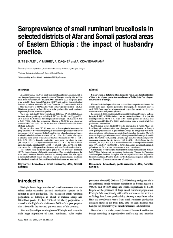 (PDF) Seroprevalence of small ruminant brucellosis in selected ...