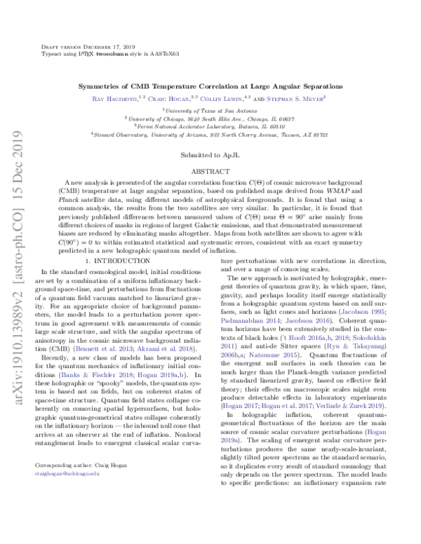 (PDF) Symmetries of CMB Temperature Correlation at Large Angular Separations