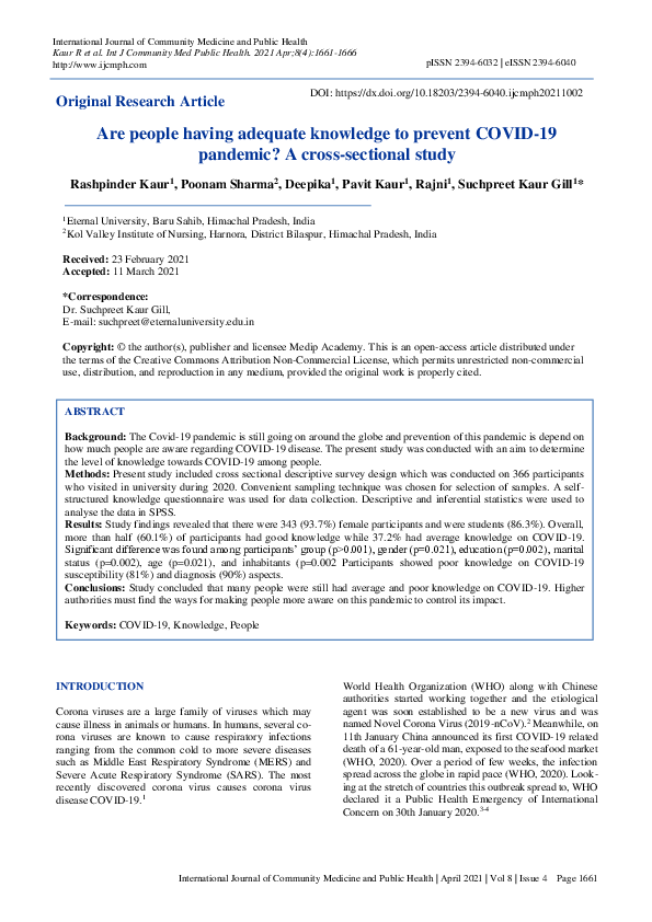 (PDF) Are people having adequate knowledge to prevent COVID-19 pandemic ...