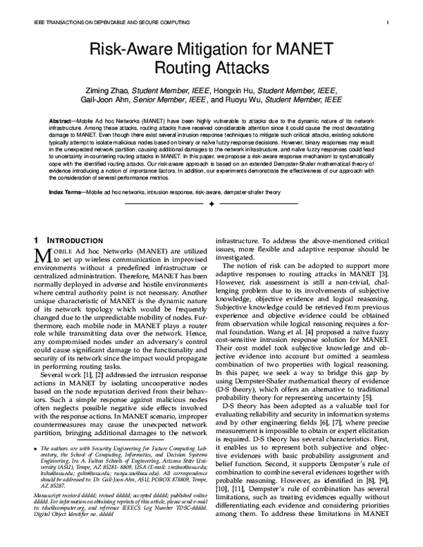 Pdf Risk Aware Mitigation For Manet Routing Attacks