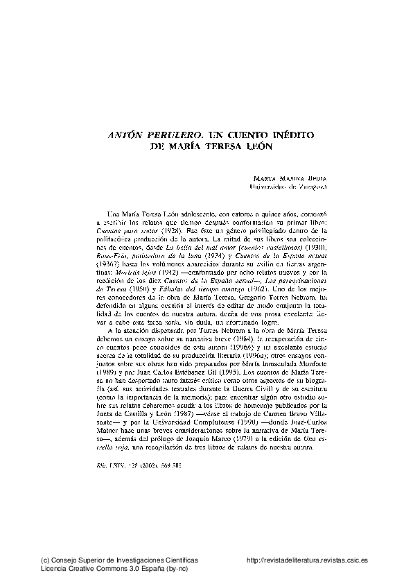 (PDF) Antón Perulero: Un cuento inédito de María Teresa León