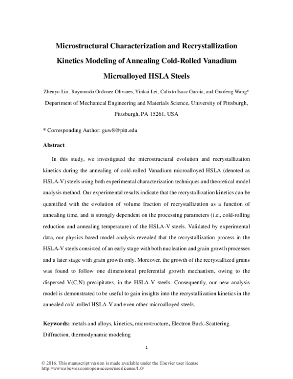 (PDF) Microstructural characterization and recrystallization kinetics modeling of annealing cold ...