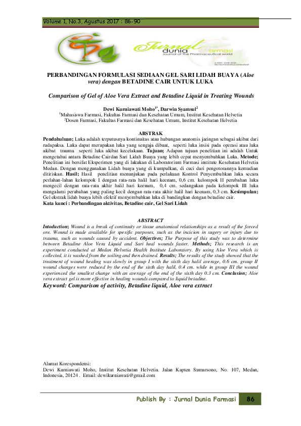 Pdf Perbandingan Formulasi Sediaan Gel Sari Lidah Buaya Aloe Vera