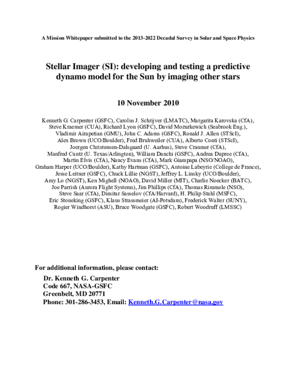 (PDF) Stellar Imager (SI): developing and testing a predictive dynamo ...