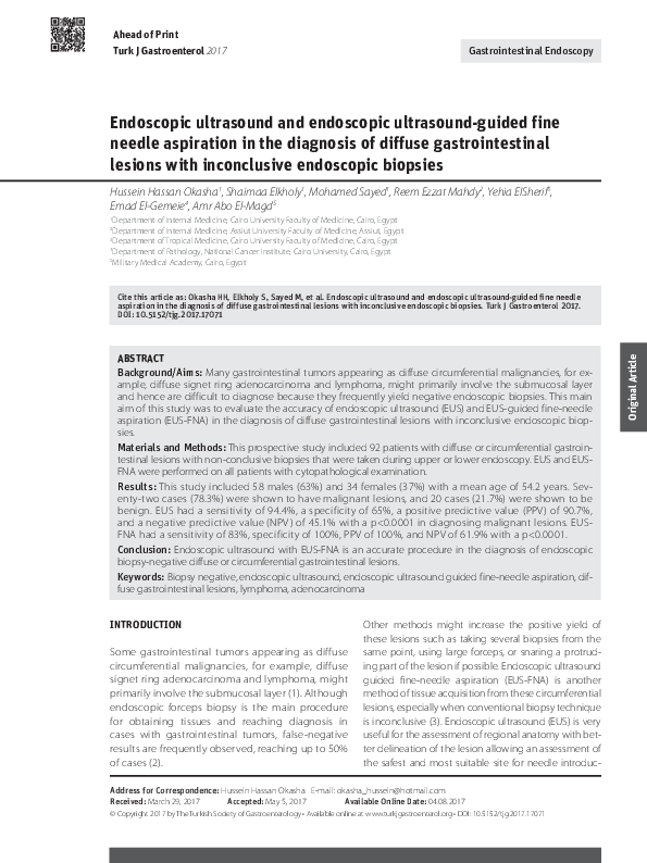 (PDF) Endoscopic ultrasound and endoscopic ultrasound-guided fine needle aspiration in the ...