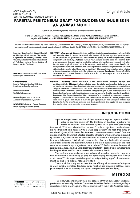 (PDF) Parietal Peritoneum Graft for Duodenum Injuries in an Animal Model