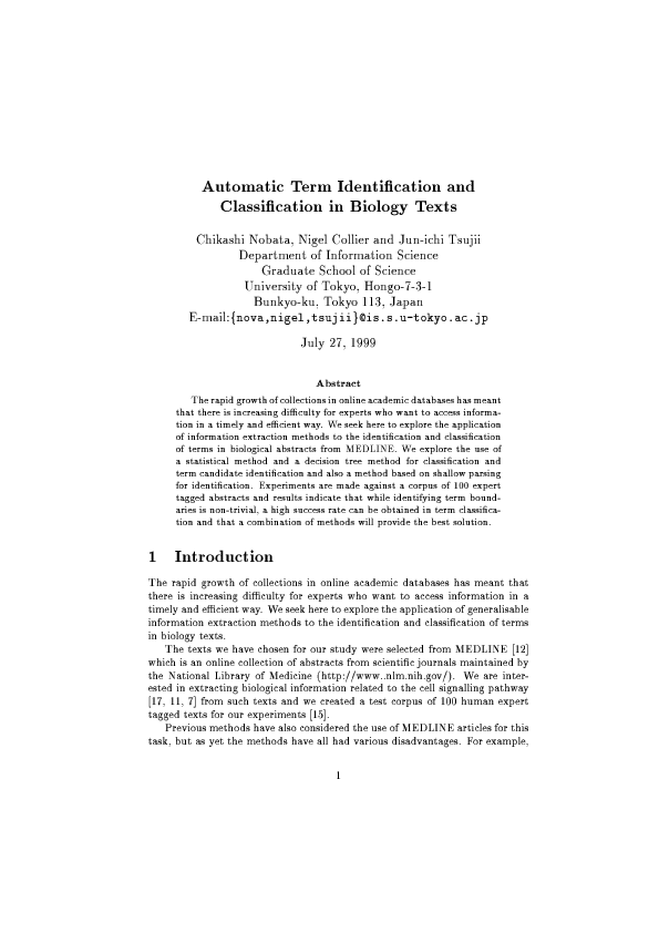 (PDF) Automatic term identification and classification in biology texts