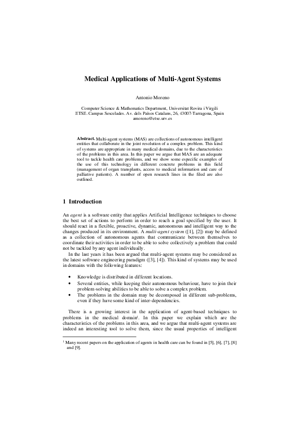 (PDF) Medical applications of multi-agent systems