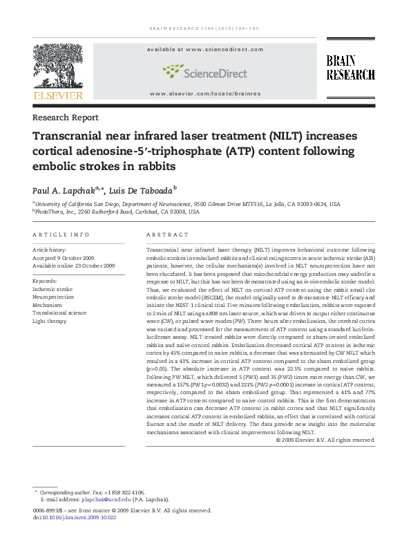 (PDF) Transcranial near infrared laser treatment (NILT) increases ...