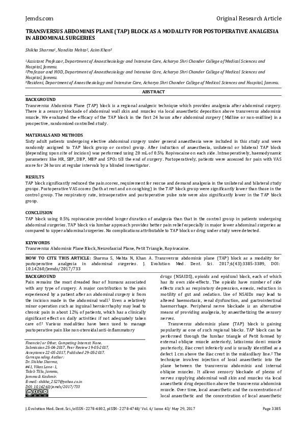 (PDF) Transversus Abdominis Plane (Tap) Block as a Modality for ...