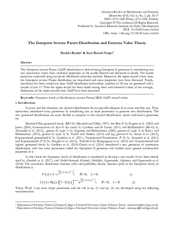 (PDF) The Gompertz Inverse Pareto Distribution and Extreme Value Theory