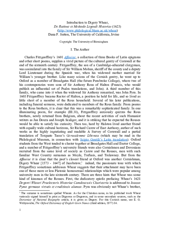 (DOC) Introduction to Digory Whear, De Ratione et Methodo Legendi ...