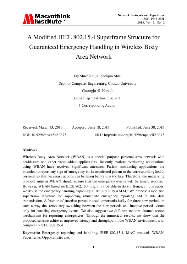 (PDF) A Modified IEEE 802.15.4 Superframe Structure for Guaranteed Emergency Handling in ...