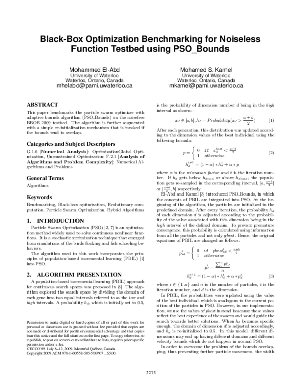 Pdf Black Box Optimization Benchmarking For Noiseless Function Testbed Using Pso Bounds
