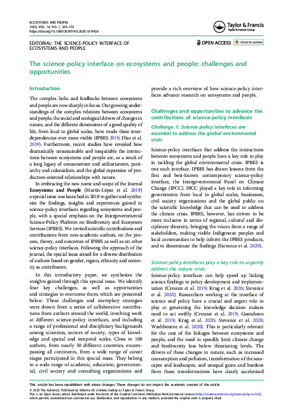 (PDF) The science-policy interface on ecosystems and people: challenges ...