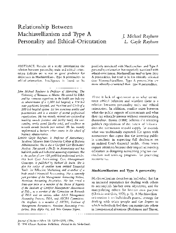 (PDF) Relationship between Machiavellianism and Type a Personality and Ethical-Orientation