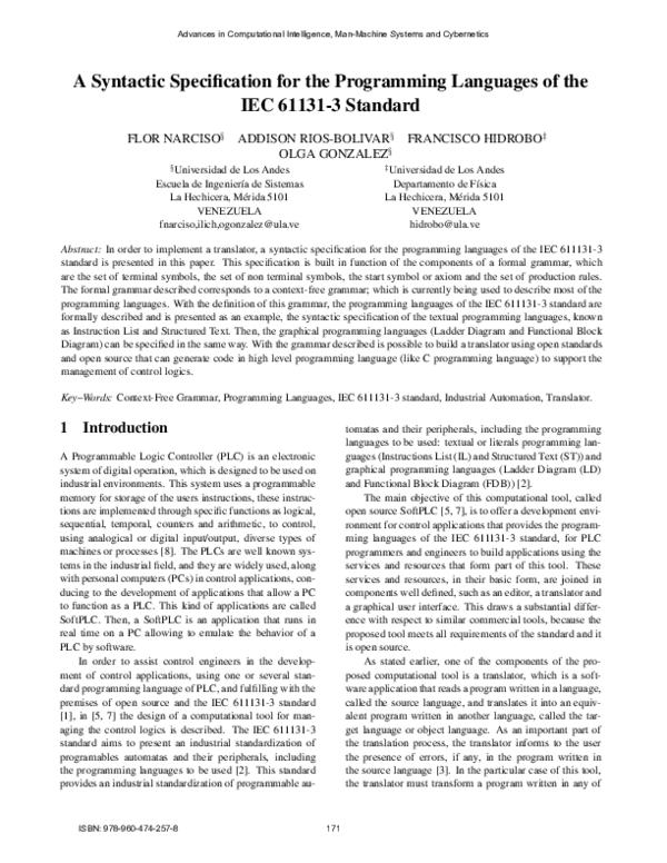 (PDF) A syntactic specification for the programming languages of the IEC 61131-3 standard