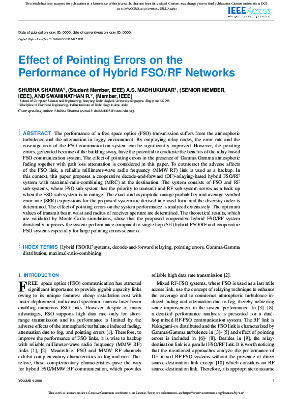 (PDF) Effect of Pointing Errors on the Performance of Hybrid FSO/RF Networks