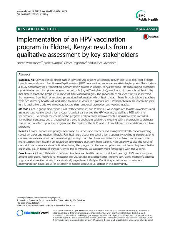 (PDF) Implementation of an HPV vaccination program in Eldoret, Kenya ...