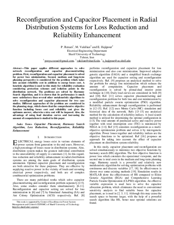 Pdf Reconfiguration And Capacitor Placement In Radial Distribution Systems For Loss Reduction