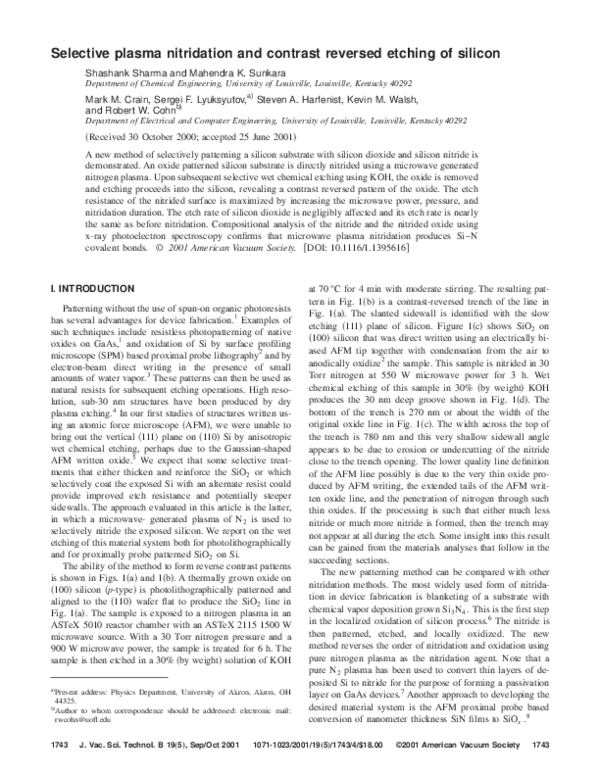 (PDF) Selective plasma nitridation and contrast reversed etching of silicon