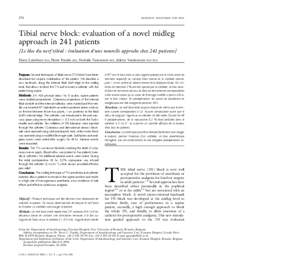 (PDF) Tibial nerve block: Evaluation of a novel midleg approach in 241 ...