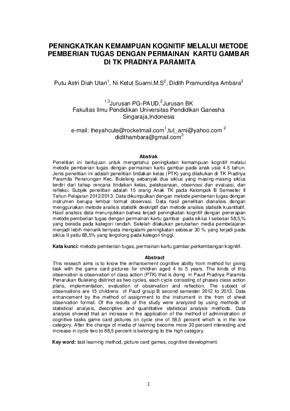 (PDF) Peningkatkan Kemampuan Kognitif Melalui Metode Pemberian Tugas Dengan Permainan Kartu ...