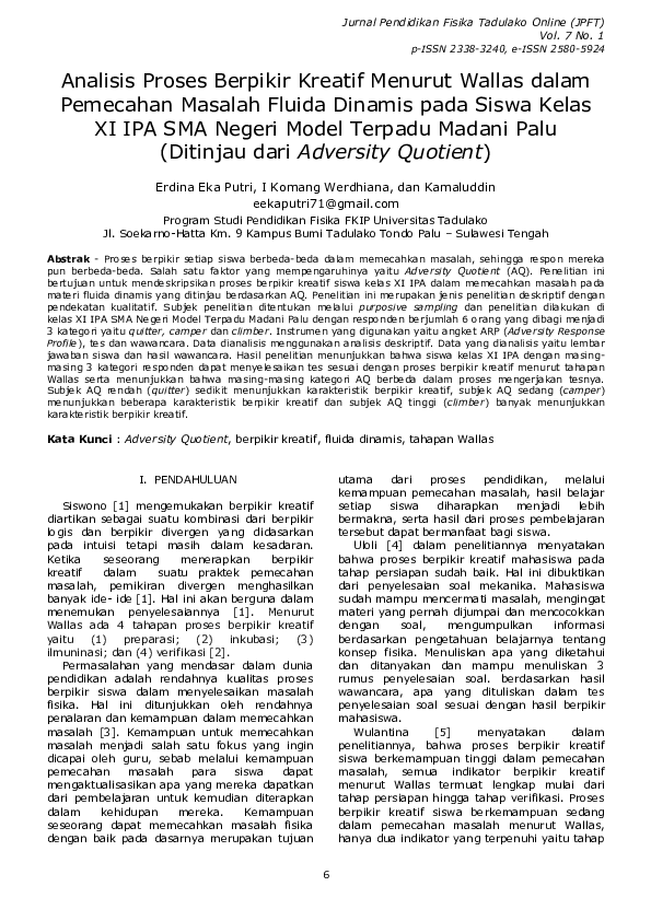 (PDF) Analisis Proses Berpikir Kreatif Menurut Wallas dalam Pemecahan Masalah Fluida Dinamis ...