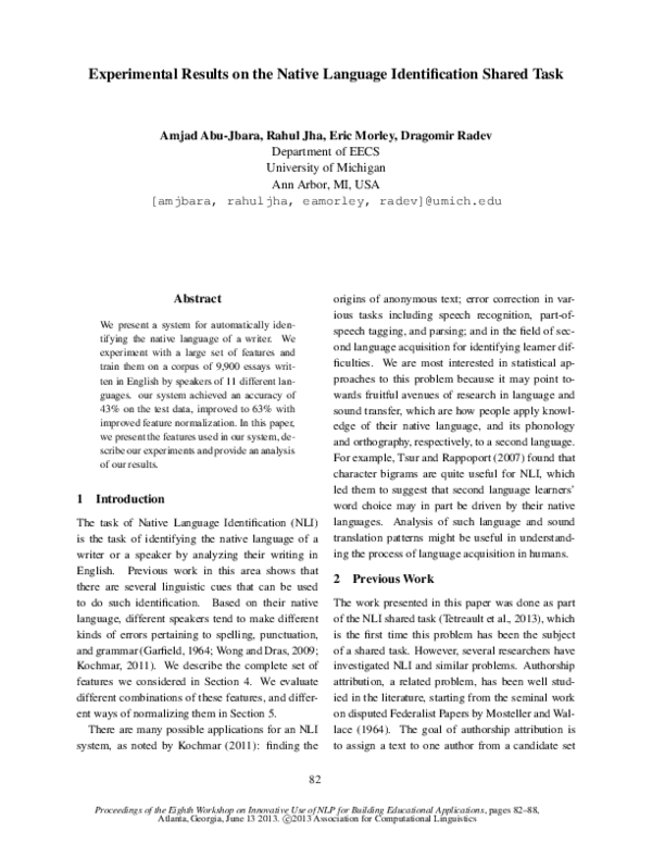 (PDF) Experimental results on the native language identification shared task