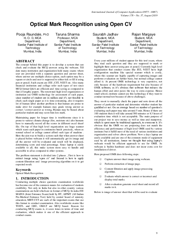 (PDF) Optical Mark Recognition using Open CV