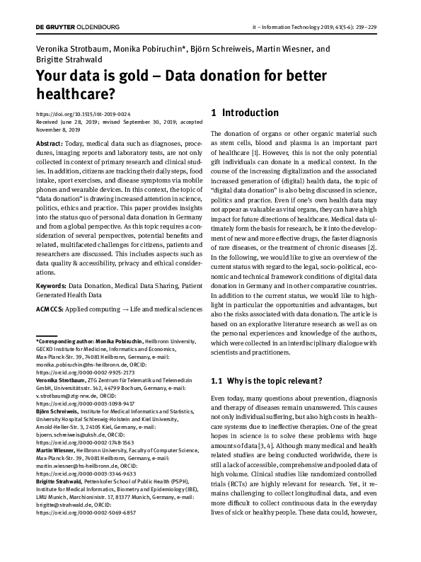 (PDF) Your data is gold – Data donation for better healthcare?
