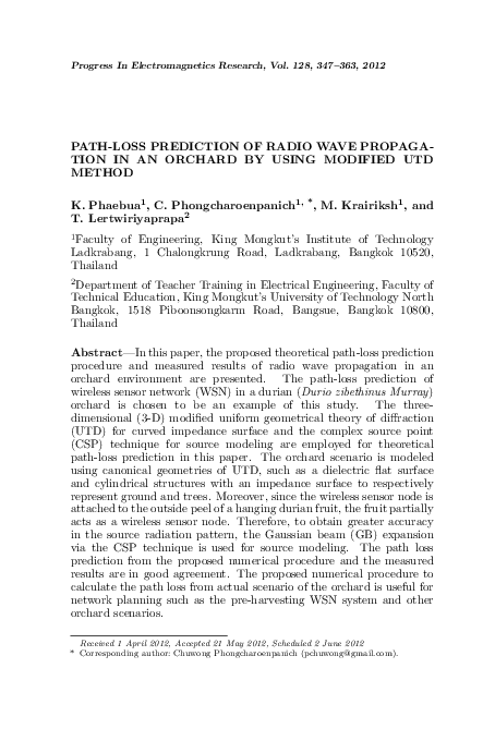 Pdf Path Loss Prediction Of Radio Wave Propagation In An Orchard By Using Modified Utd Method