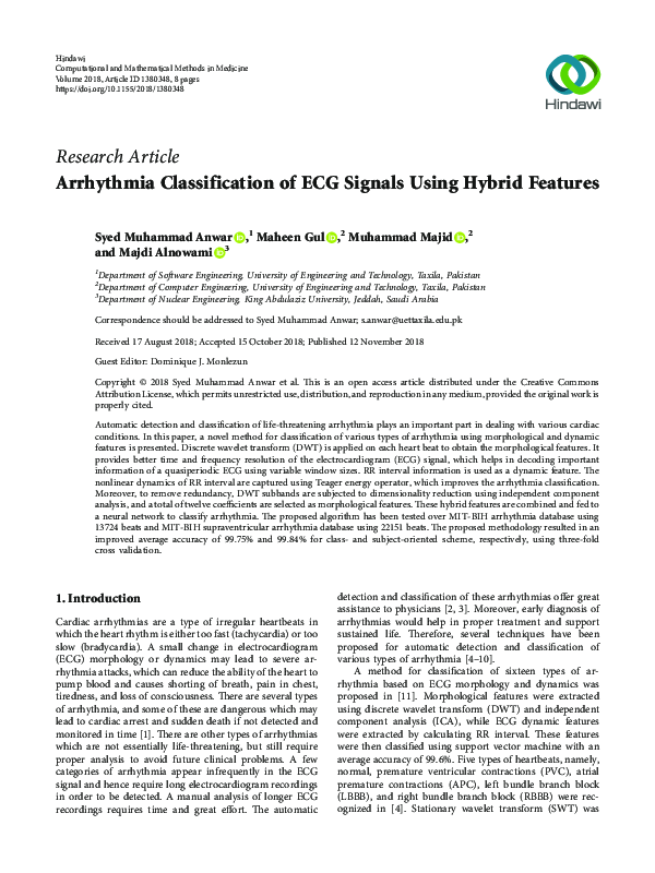 (PDF) Arrhythmia Classification of ECG Signals Using Hybrid Features