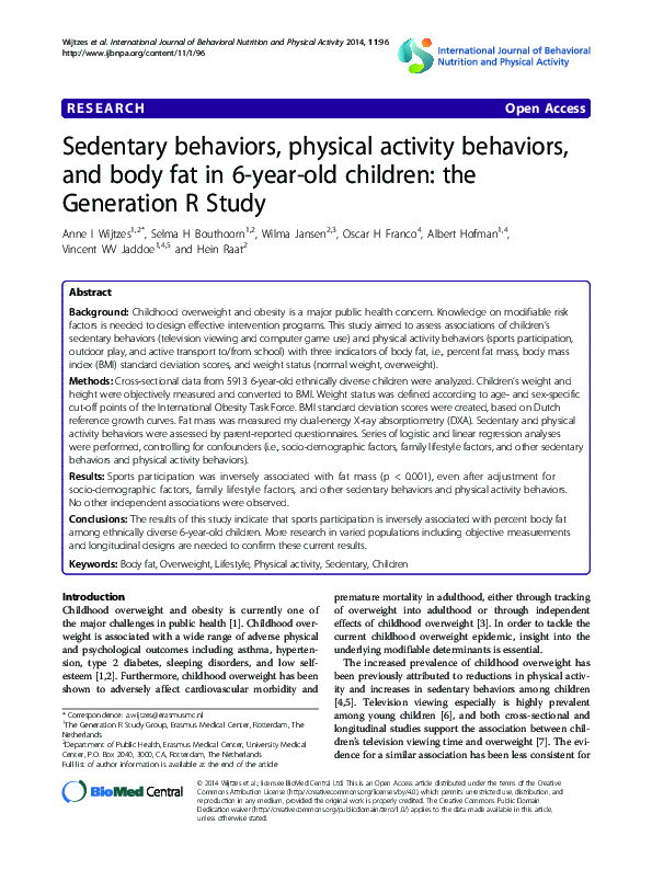(PDF) Sedentary behaviors, physical activity behaviors, and body fat in 6-year-old children: the ...
