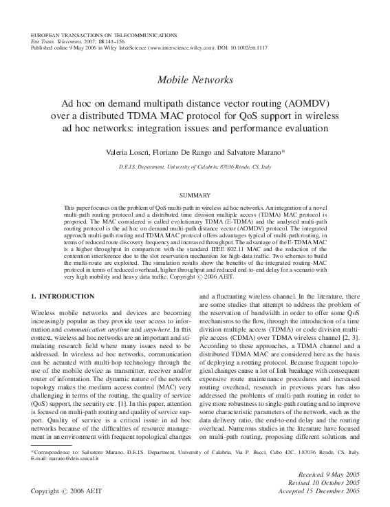 Pdf Ad Hoc On Demand Multipath Distance Vector Routing Aomdv Over A Distributed Tdma Mac
