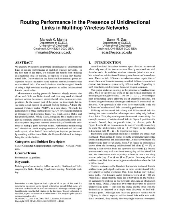 (PDF) Routing performance in the presence of unidirectional links in multihop wireless networks