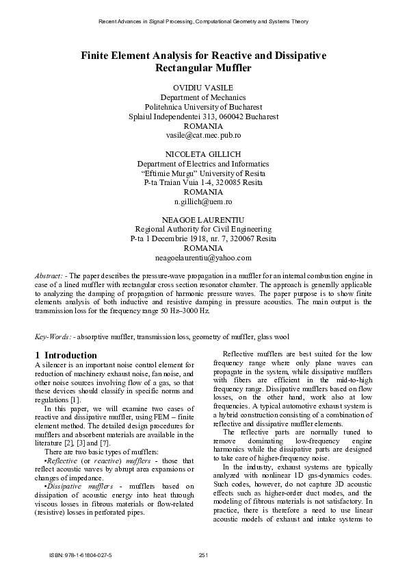 Pdf Finite Element Analysis For Reactive And Dissipative Rectangular Muffler