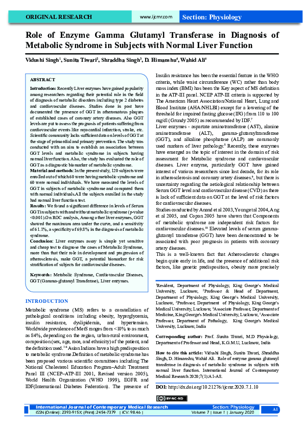 (PDF) Role of Enzyme Gamma Glutamyl Transferase in Diagnosis of ...