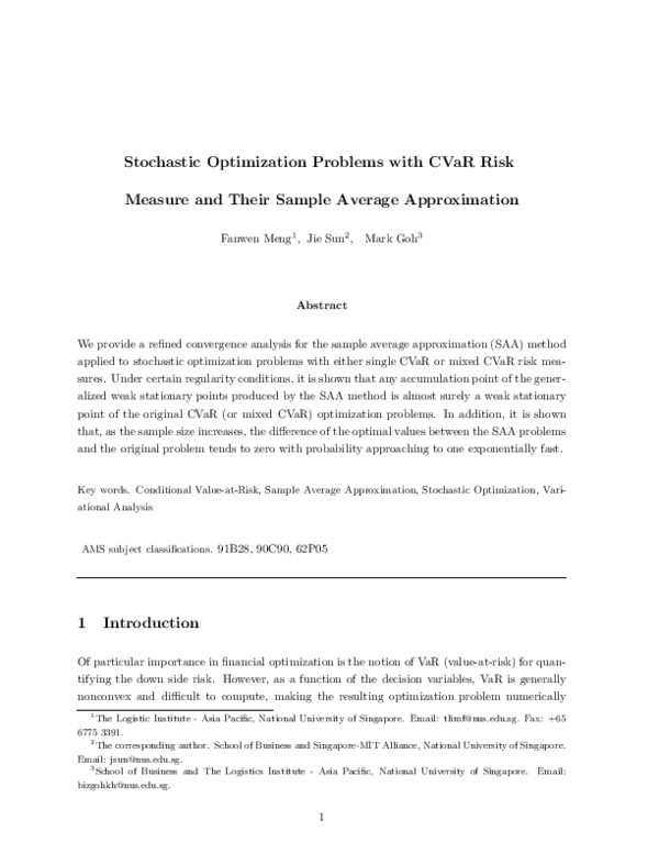 Pdf Stochastic Optimization Problems With Cvar Risk Measure And Their Sample Average Approximation 