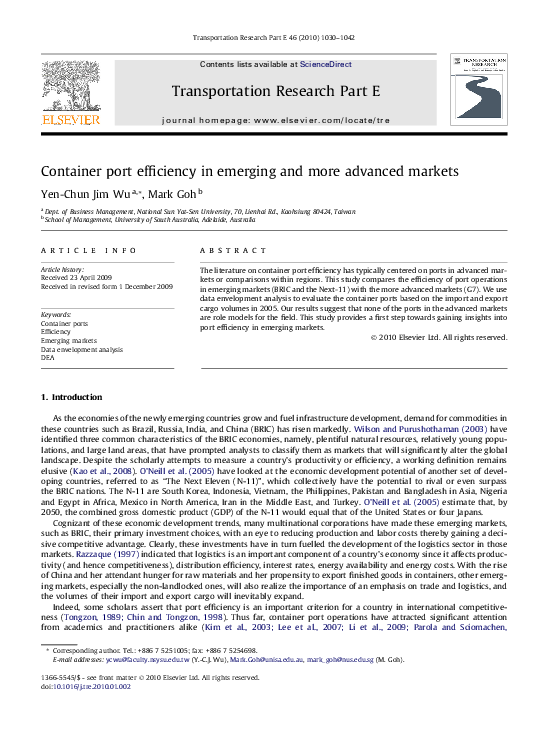 Pdf Container Port Efficiency In Emerging And More Advanced Markets