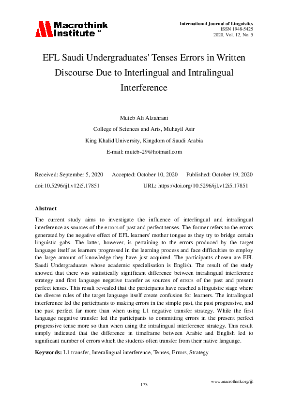 (PDF) EFL Saudi Undergraduates' Tenses Errors in Written Discourse Due ...